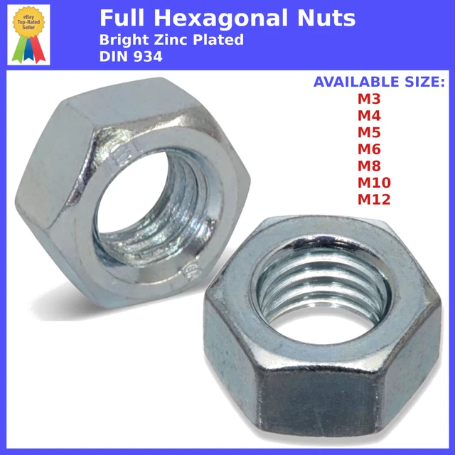 M3 M4 M5 M6 M8 M10 M12 Full Nuts Hexagonal Hex Metric Bright Zinc ...