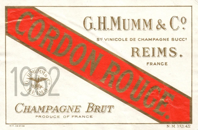 1960'S-70'S G.H. MUMM Champagne French Wine Label Vintage 1962 Original ...