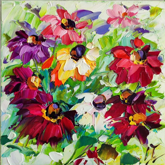 ORIGINAL OIL PAINTING Daisy wildflowers colorful artwork Floral landscape art £29.01 - PicClick UK