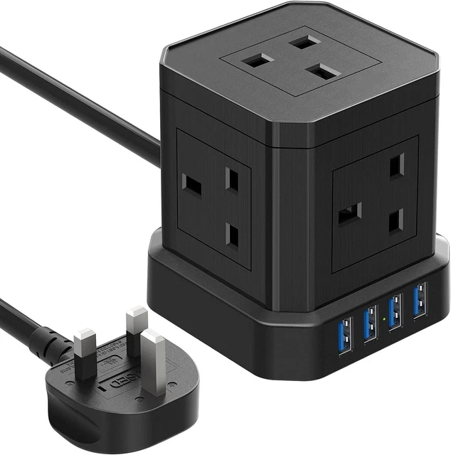 TOWER EXTENSION LEAD 5 Way With 4 USB Slot Surge Protected Plug Socket ...