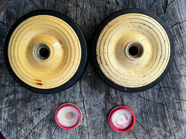 VINTAGE VICTA 18 Rotomo wheels AND hubcaps PAIR lawnmower toe cutter ...