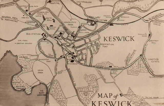KESWICK, ENGLAND, MAP POSTCARD Sepia, Roads, Estates, Parks Bus Station ...
