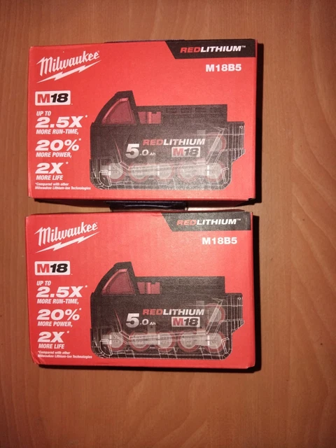 MILWAUKEE M18B5 X 2 M18 18v Red Lithium-Ion Battery 5.0 ah Genuine £120 ...
