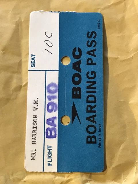 VINTAGE BOARDING PASS BOAC c1960s BA910 Seat 10C W.M. Harrison/ Printed ...