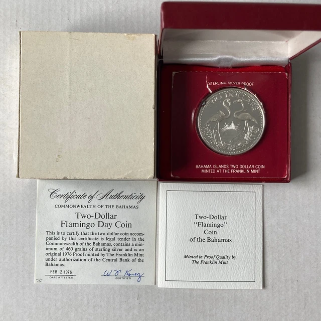 1976 BAHAMAS $2 Flamingo Silver Proof Coin Franklin Mint 29.81g ...