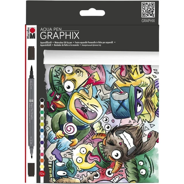MARABU AQUA PEN Graphix Marker Set Manga Watercolour Drawing 12 Pack ...