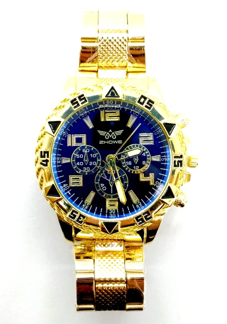 MONTRE ZHOWE OR & BLEU cadran quartz doré pour homme pointeur ...