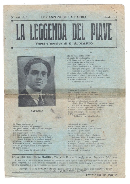 SPARTITO LA LEGGENDA DEL PIAVE E.A. Mario - 1922 Papaccio EUR 8,50 ...