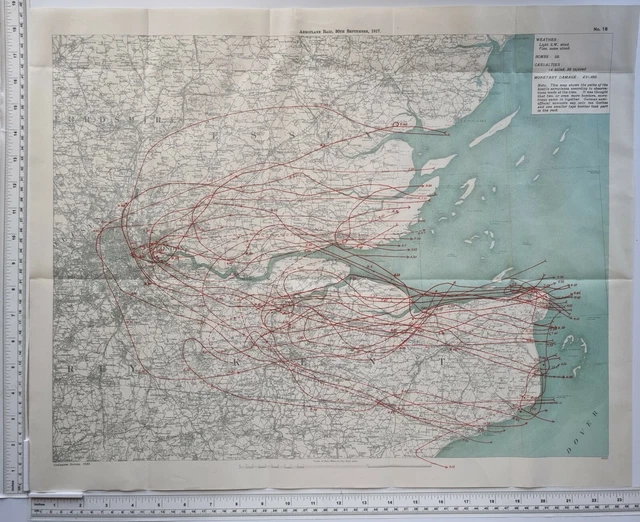 1935 WW1 MAP AEROPLANE RAID 30th SEPTEMBER 1917 ENGLAND LONDON ...