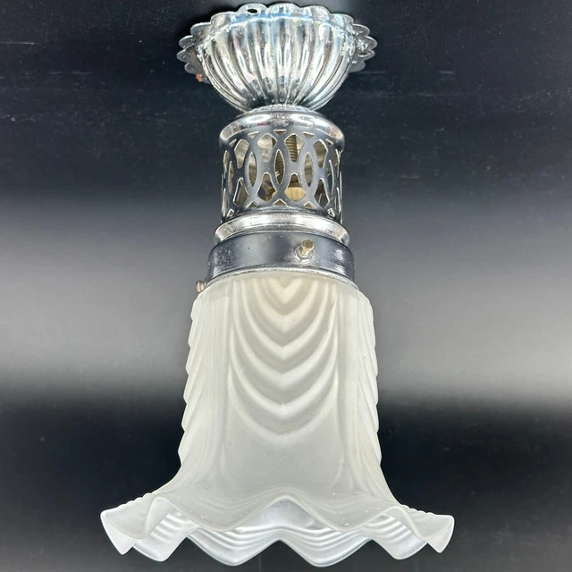 ANTIQUE FRENCH PRETTY White Drapped Opaque Glass Shade & Metal Fitting ...