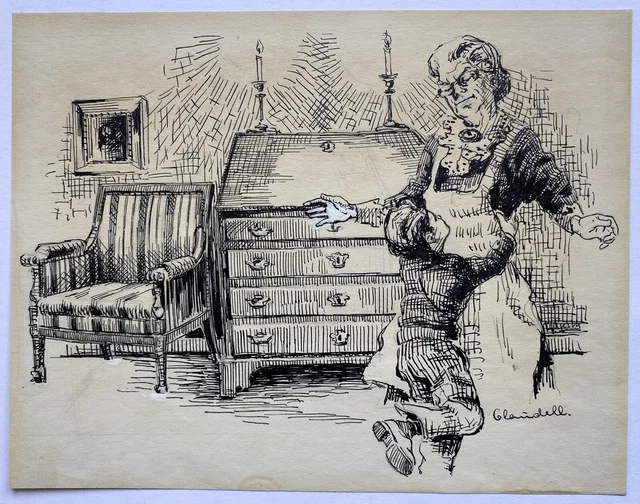 SPACE INTERIOR GRANDMA Hugs Grandson Biedermeier Secretary Pen and Ink ...