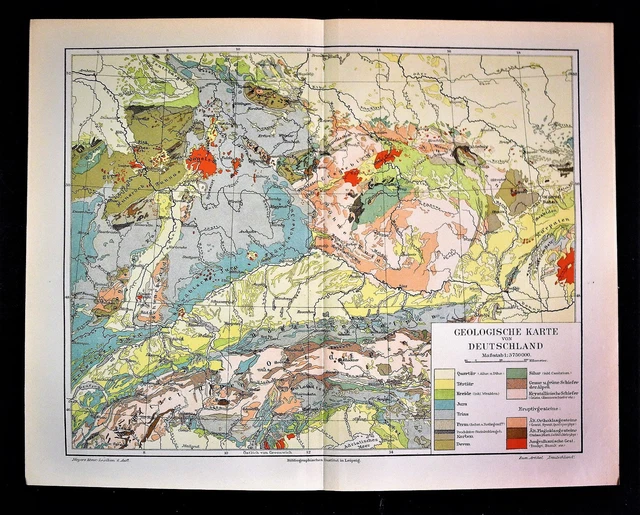1902 ORIGINAL GEOLOGICAL Geographical Map of Germany.Geologische karte ...