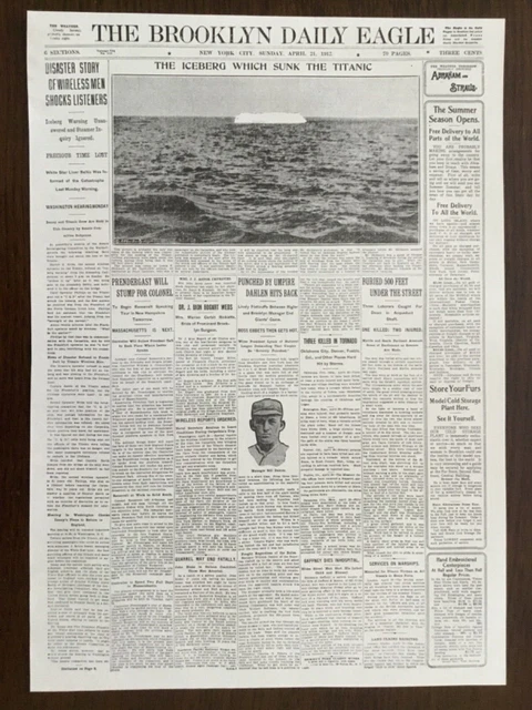 TITANIC DISASTER 21ST April 1912 Newspaper Poster 1 Page Brooklyn Daily ...