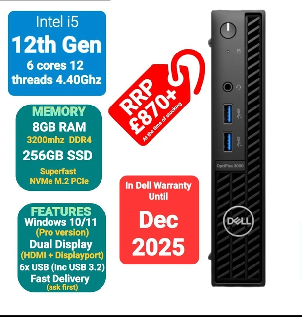 DELL OPTIPLEX MICRO 3000 i5 12th Gen 12500T 8GB RAM, 256GB NVMe SSD ...
