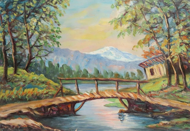 TABLEAU ANCIEN HUILE impressionniste paysage pont fluvial EUR 133,02 - PicClick FR