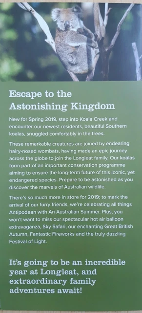 LONGLEAT 2019 LEAFLET, Safari & Adventure Park, NEW Koala Creek £1.00 ...