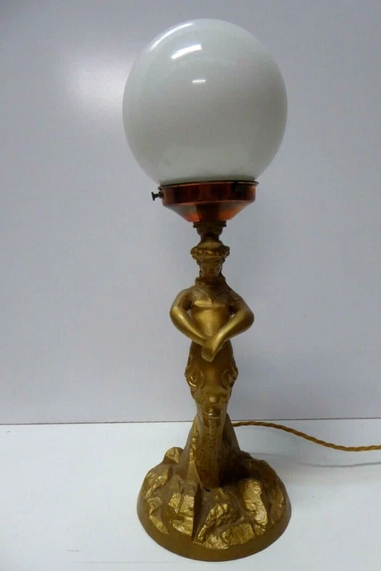 ANTIQUE CAST METAL Mermaid Lady Art Deco Statue Lamp Base Glass Light ...