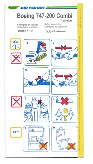 RARE SAFETY CARD Air Gabon Boeing 747-200 Combi 7 palettes EUR 34,99 ...