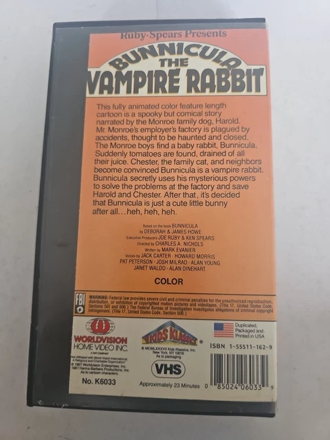 BUNNICULA THE VAMPIRE Rabbit Kids Klassics Vhs Tape Color Ruby-Spears £ ...