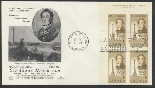1969 #501 SIR Isaac Brock FDC UL Plate Block Rosecraft Cachet Ottawa $2 ...