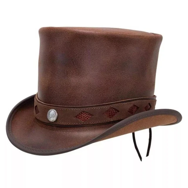STEAMPUNK BROWN LEATHER Top Hat with Diamond Inlay Gothic Biker Style ...