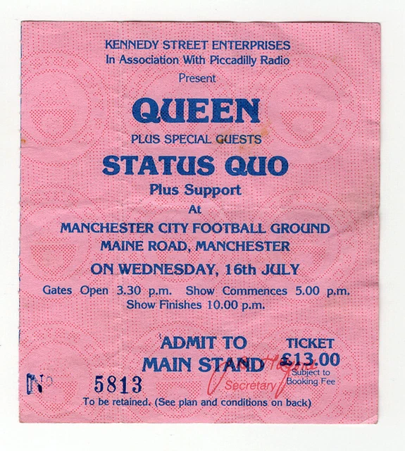 QUEEN FREDDIE MERCURY Status Quo Ticket Vintage Maine Road Manchester ...