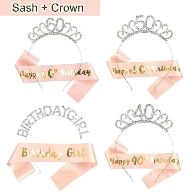 HAPPY BIRTHDAY SILVER Tiara Headband Rose Gold Sash 40/50/60th Girls Crown Gift £4.89 - PicClick UK