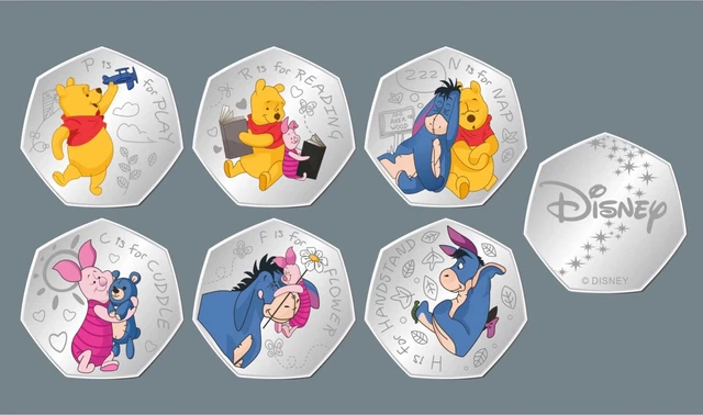 DISNEY WINNIE THE Pooh 50p Shape Commemorative Silver x6 Coin Set £34. ...