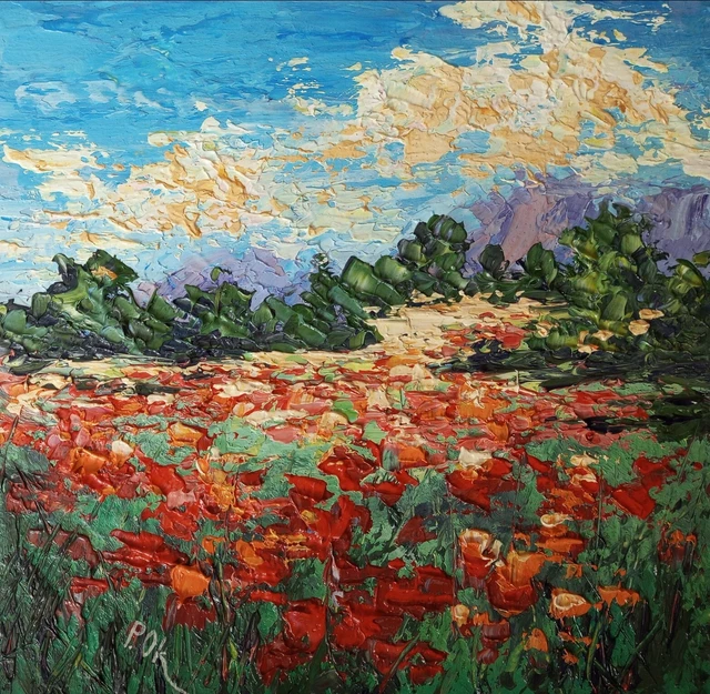 SUMMER LANDSCAPE OIL Painting Original Art Poppies Field, Flower Meadow Impasto £51.43 - PicClick UK