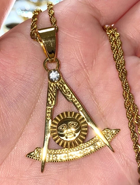 MENS 14K GOLD Mason Symbol G Masonic Freemason Iced Pendant Rope Chain ...