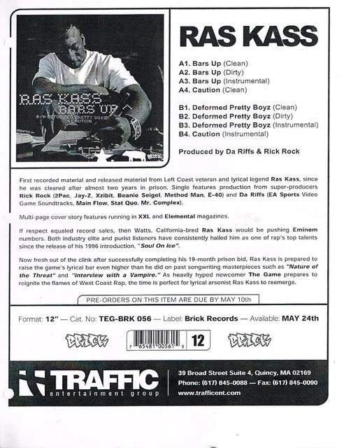 RAS KASS BARS Up 12" vinyl USA Brick 2005 white label promo with press ...
