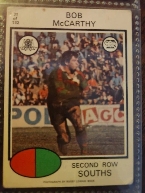 VINTAGE 1975 SCANLENS Rugby League Card Bob McCarthy Souths No 31 ...