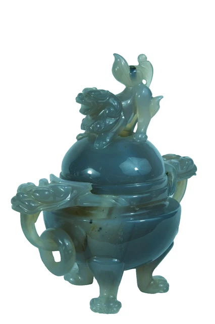 ANCIEN BRÛLE PARFUM tripode en agate de Chien dragon boite couvercle ...