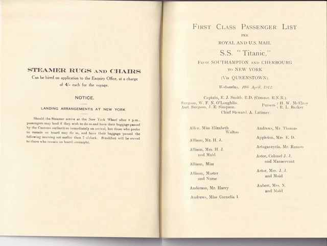 RARE WHITE STAR Line Rms Titanic First Class Passenger List 1912 £28.81 ...