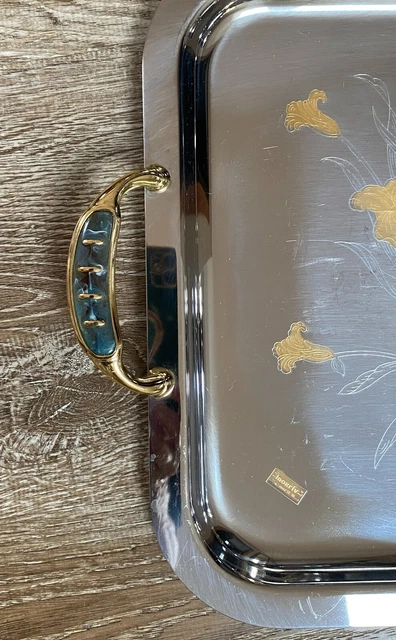 SERVING TRAY INOX 18/10 Floral Golden Etching- Italian £32.23 - PicClick UK