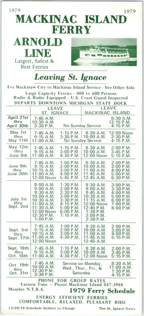 1979 MACKINAC ISLAND Ferry Boat Timetable Schedule Paper Pamphlet ...