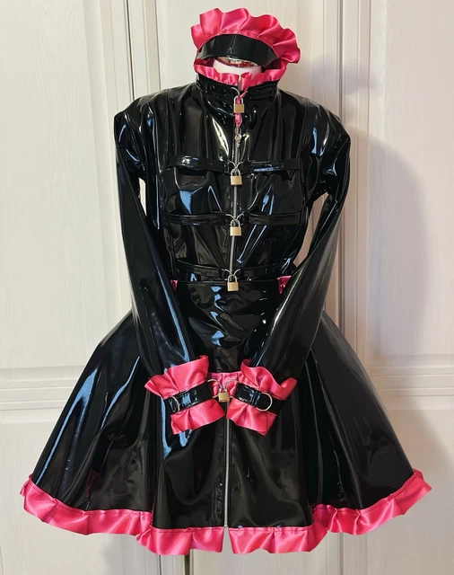 MISFITZ BLACK PVC & pink satin lockable Sissy Maids dress. SIZE 20. TV ...