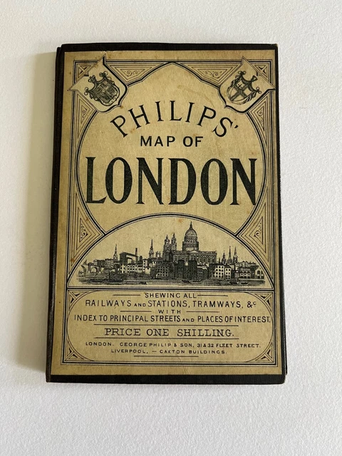 PHILIPS MAP OF LONDON ~ c. 1880 ~ RARE Antique FOLD-OUT color MAP ...