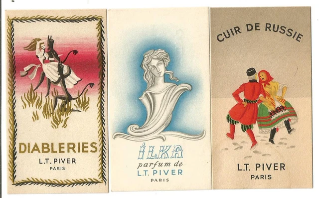 3 CARTES PARFUMÉES anciennes L.T PIVER Paris.Cuir de Russie,Diableries ...