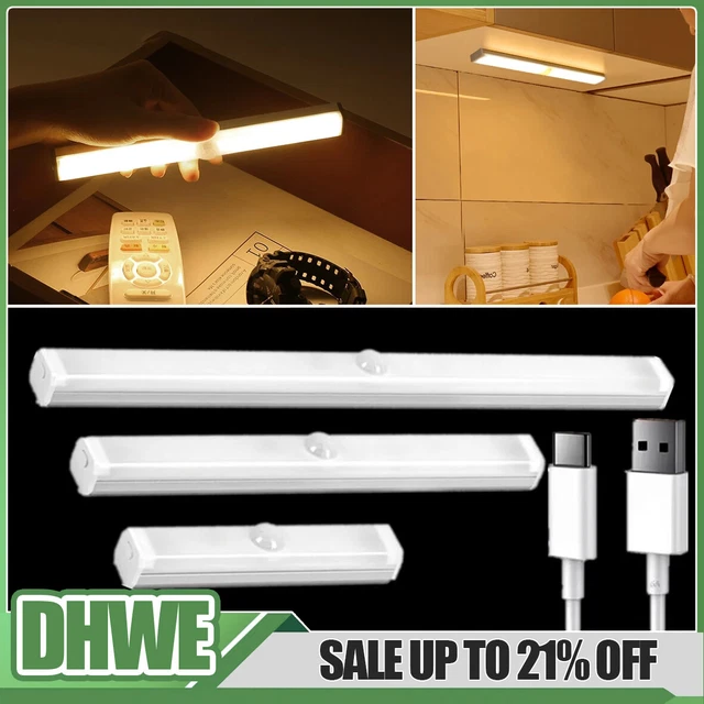 WIRELESS LED PIR Motion Sensor Light Strip Cabinet Closet Lamp USB ...