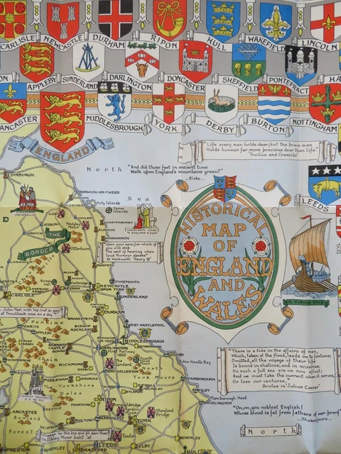 ENGLAND & WALES Historical Cartoon Pictorial Map c.1950 big colorful ...