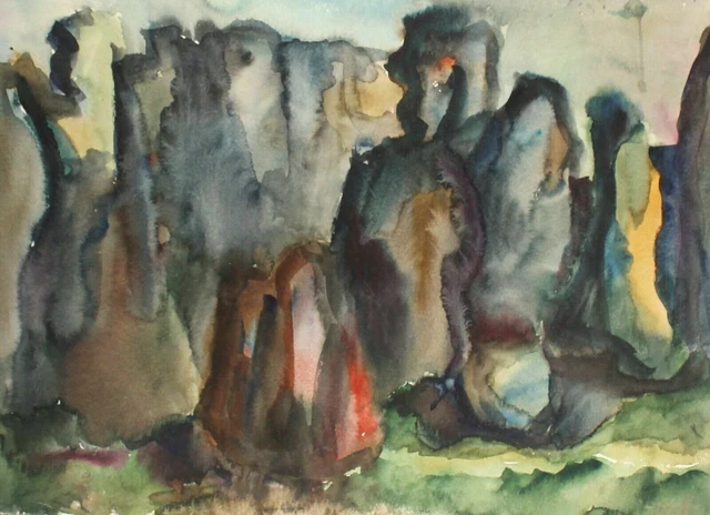 TABLEAU AQUARELLE EXPRESSIONNISTE vintage paysage d'un rocher EUR 101 ...