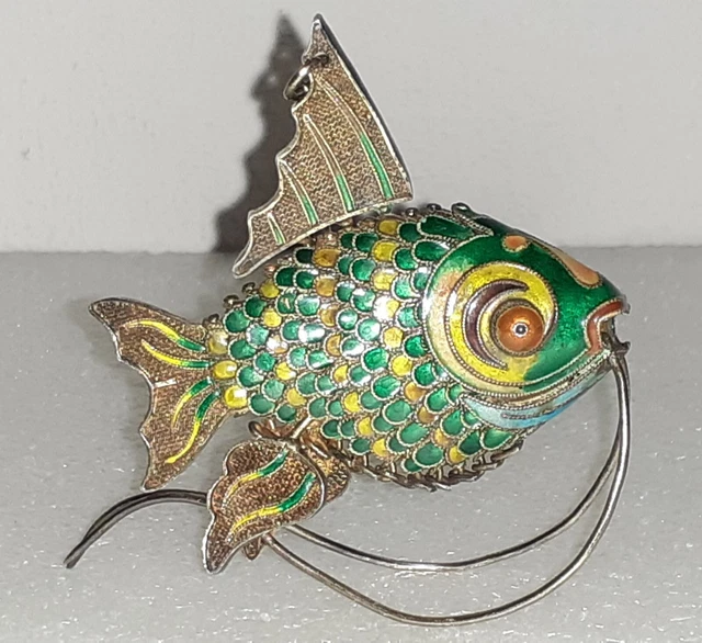 VINTAGE CHINESE FILIGREE Silver & Enamel Reticulated Angel Koi Fish ...