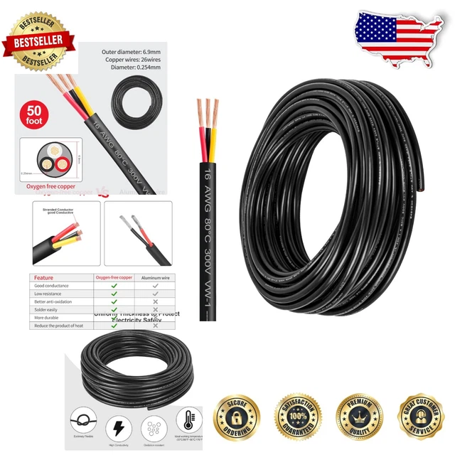 16 AWG 3 Conductor Oxygen-Free Copper Cable - 50FT Flexible Electrical ...