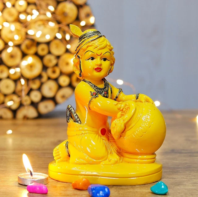 HAND CARVED BABY Krishna Resin Sculpture Lord Krishna Makhan Chor Idol ...