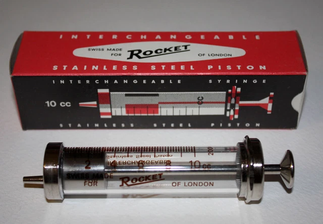 VINTAGE ROCKET OF London Interchangeable All Glass Syringe 10 cc £15.50 ...