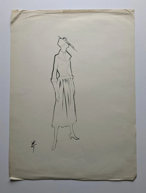 RENÉ GRUAU ORIGINAL Ink Fashion Illustration Signed 61x45cm Lady Wide ...