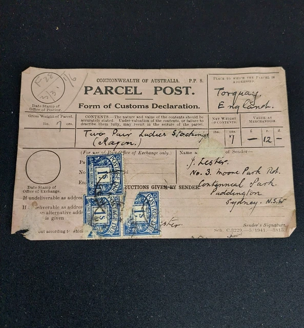WWII/WW2 CUSTOMS DECLARATION Form 2 Prs of Ladies stockings Australia ...