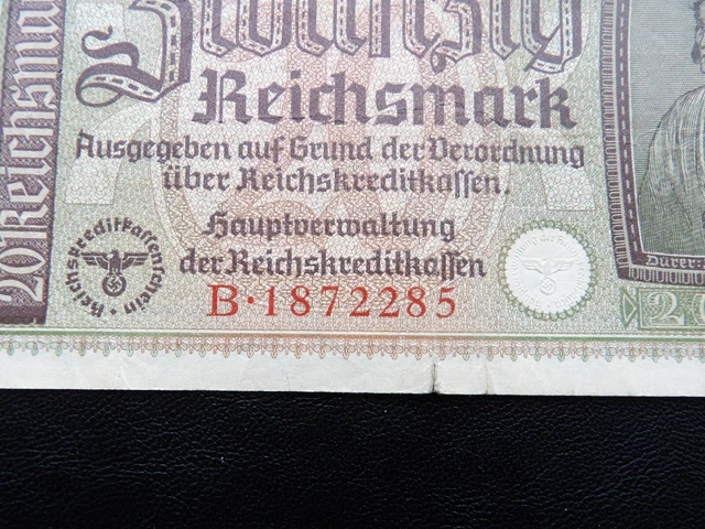 20 REICHSMARK WWII Genuine Third Reich 1939-1945 Nazi Germany Banknote ...