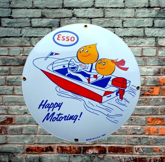 PLAQUE ÉMAILLÉE ESSO HAPPY MOTORING bateau ++ 30 cm ++ enamel sign EUR ...